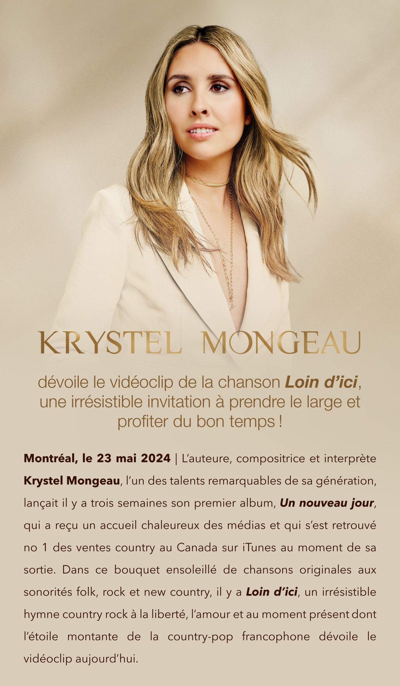 Krystel Mongeau dévoile le vidéoclip de la chanson Loin d’ici, une irrésistible invitation à ...